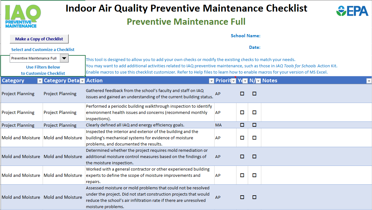 Indoor Air Quality Tools for Schools: Preventive Maintenance Guidance ...